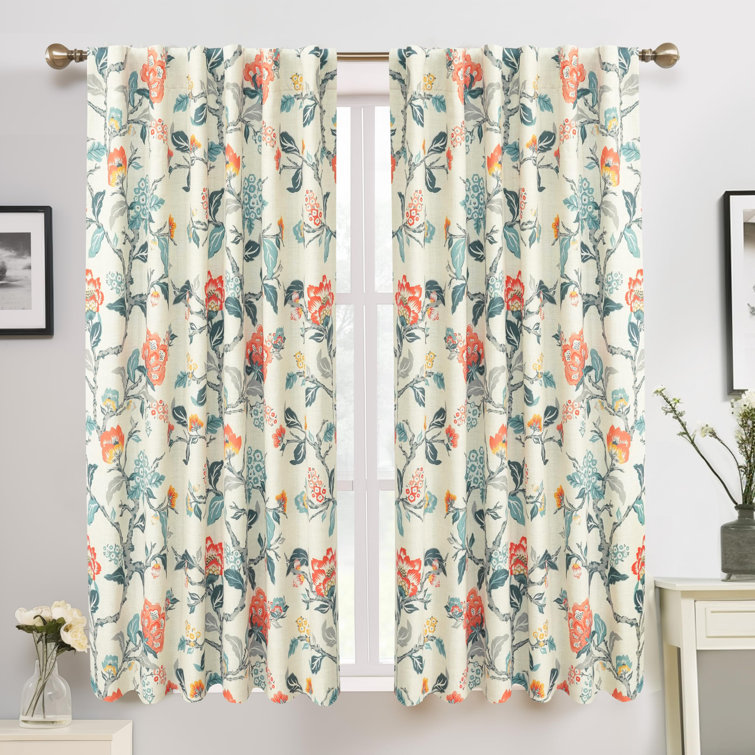 Lark Manor™ 100% Blackout Linen Floral Patterned Curtains Double Layer Drape Rod Pocket Back Tab ...